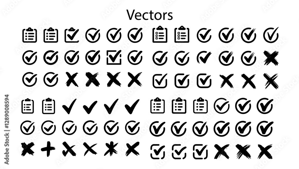 Checklist, Checkmark, and Cross Icon Set – Vector Symbols for Tasks, Approval, and Rejection ...