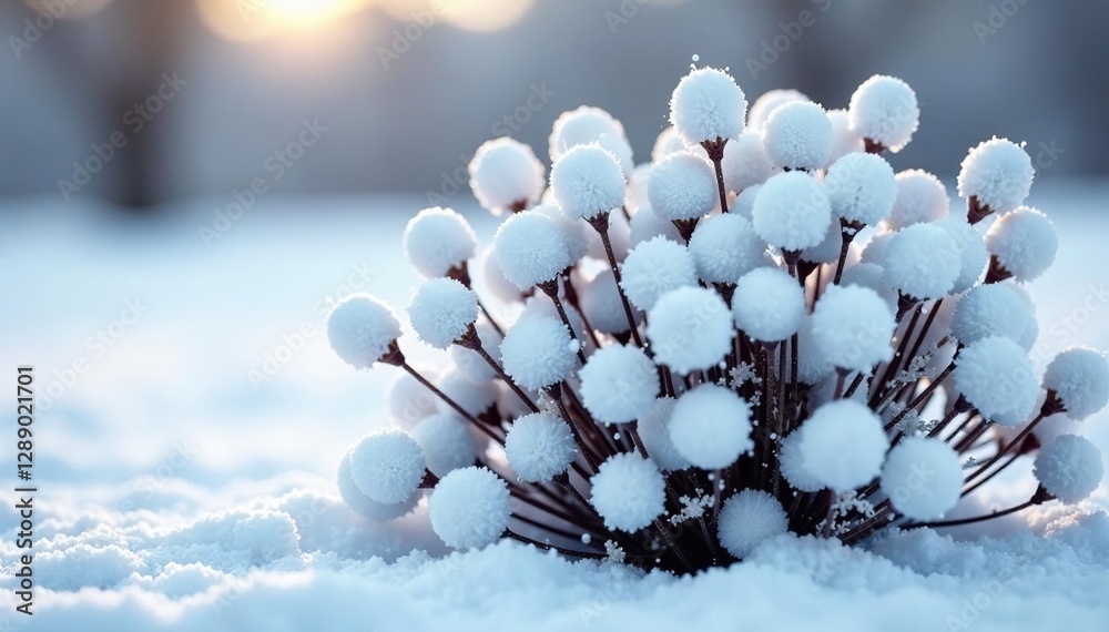 Shrub covered in white fluffy flowers on snowball-shaped branches ...