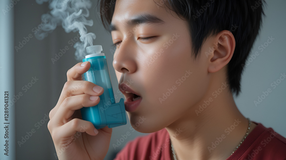 Asthma and chronic obstructive pulmonary disease COPD, Asian young man using metered dose ...