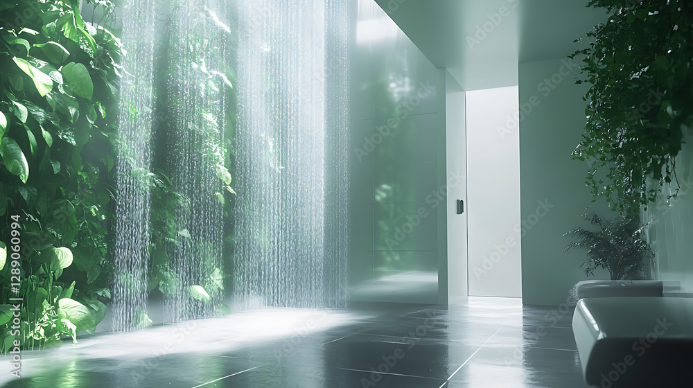 A realistic animation of a futuristic shower system that uses a water ...