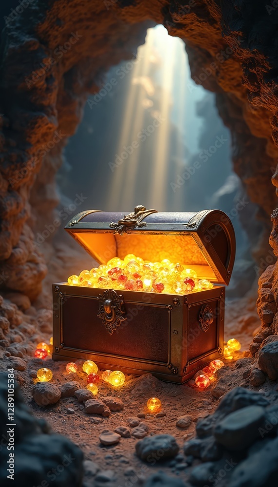 Mysterious opened treasure chest with gold spheres in cave entrance ...