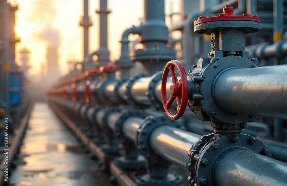 Pipeline with oil, gas valves at gas plant features red pressure safety ...