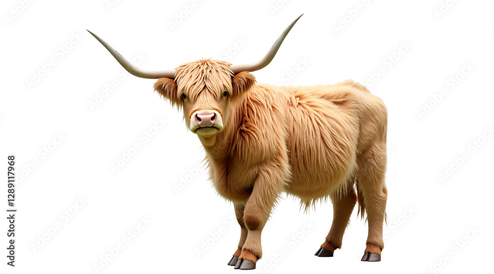 Highland cow portrait, full body, front view. Light tan, shaggy, long ...