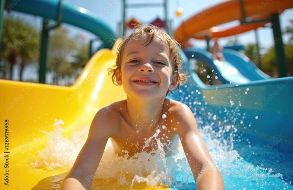 Joyful boy slides down water slide. Kid splashes into pool fun at ...