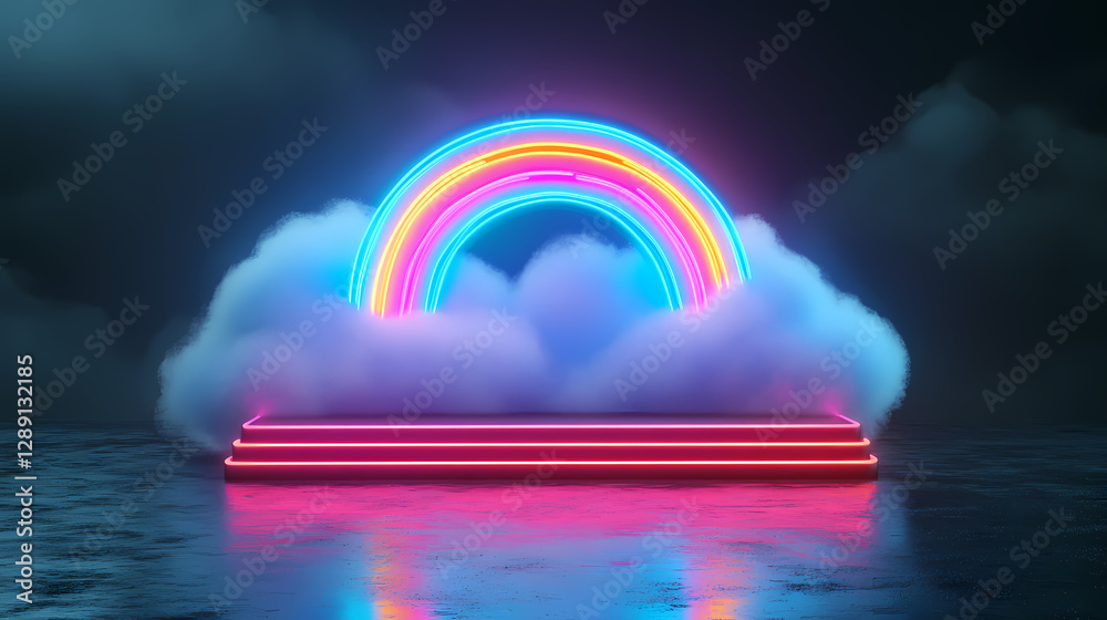 Podium with a cloud for product presentation.neon light rainbow arch of ...