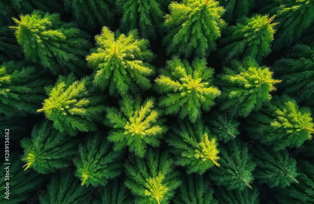 Aerial top down view of green fir trees in forest. Dense tree texture ...