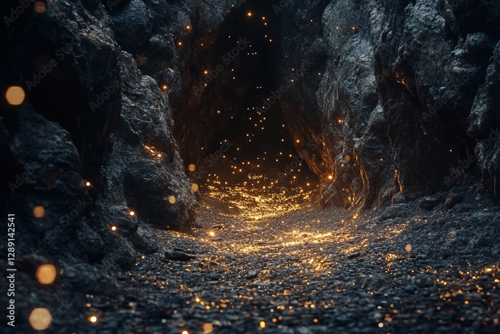 Magical Dark Cave Entrance Glowing Gold Dust Particles Mysterious ...
