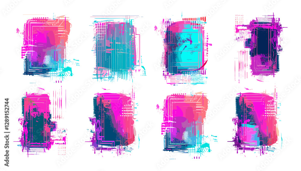 Neon glitch effect vignettes vector with grunge texture, cyberpunk ...