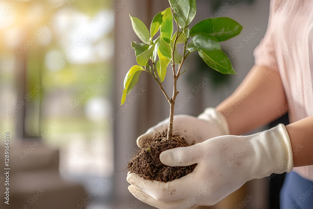 Hands nurturing a young plant, symbol of growth and environmental care ...
