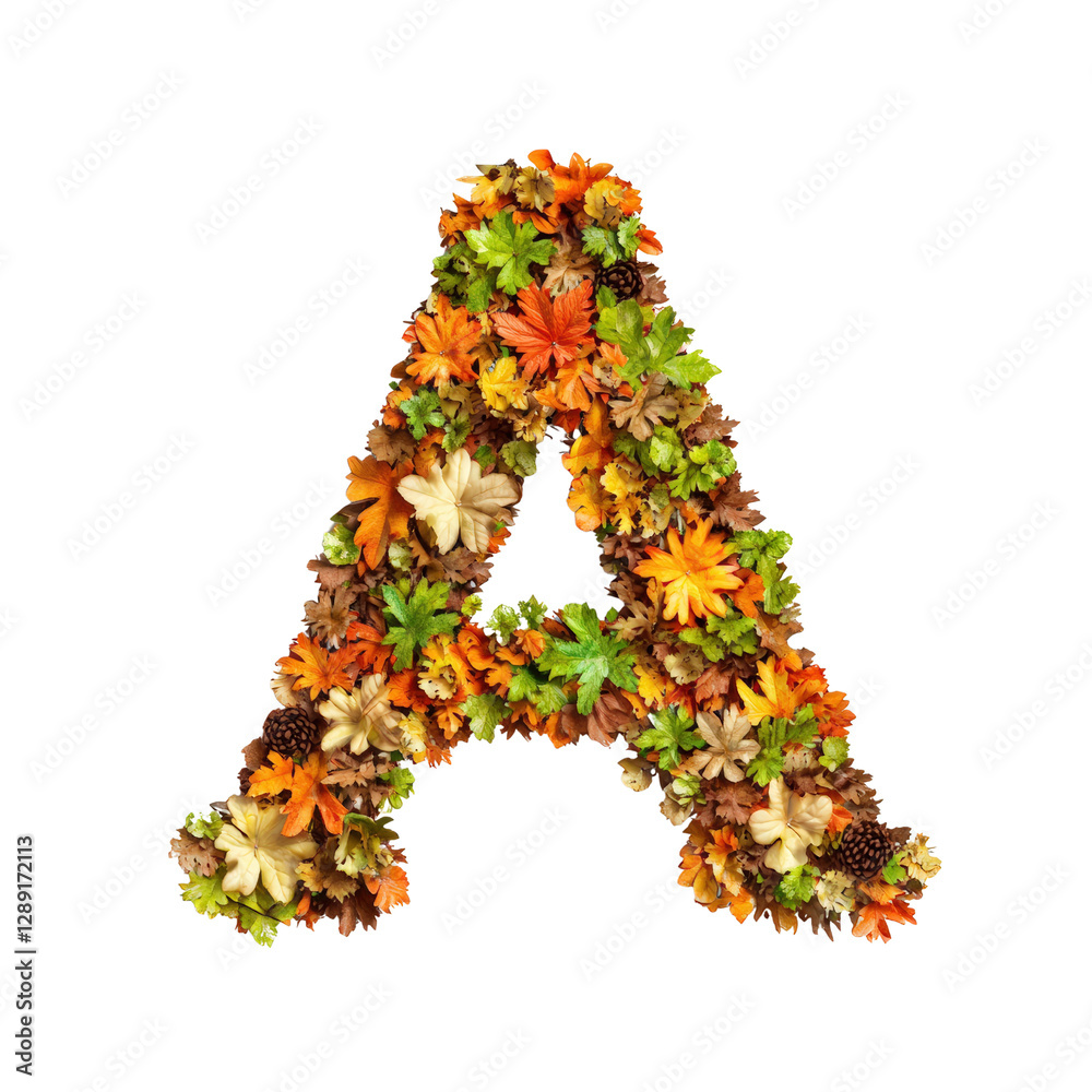 Autumn themed alphabet letters in various colors on a transparent ...