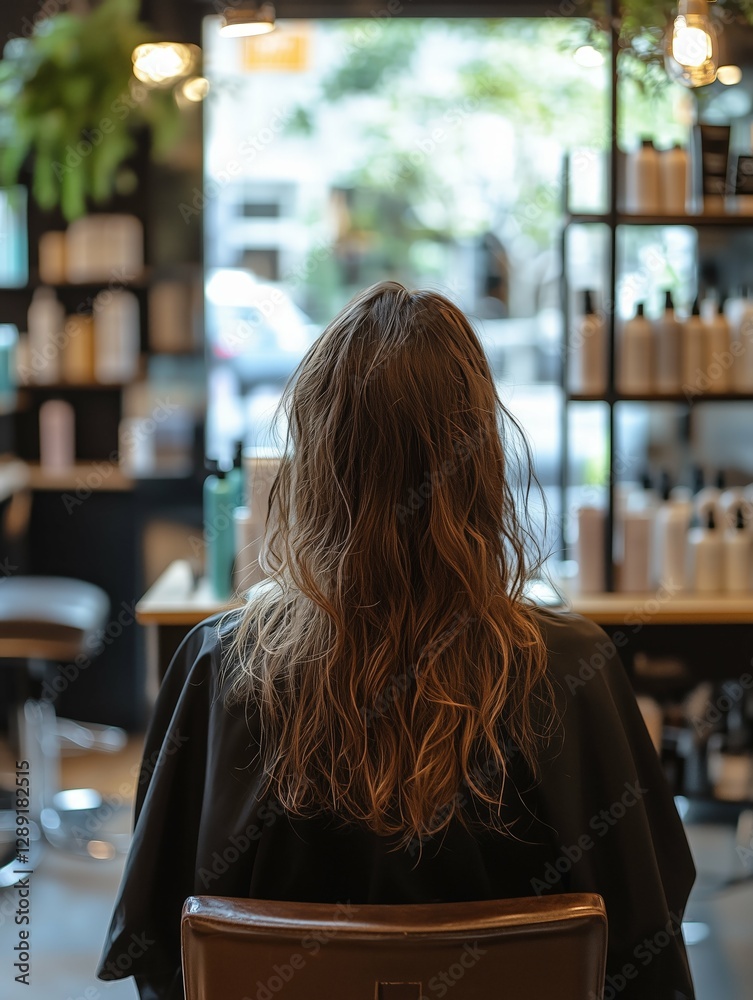 Hair salon visit: A woman sits ready for a new hairstyle and salon ...