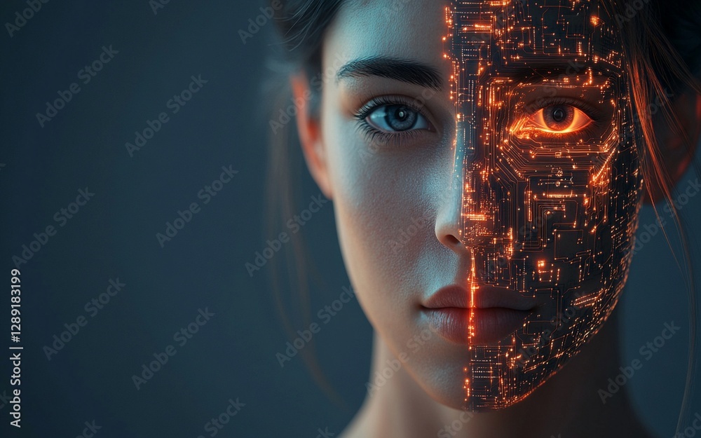 cyberpunk portrait, half human half machine, intricate circuitry ...
