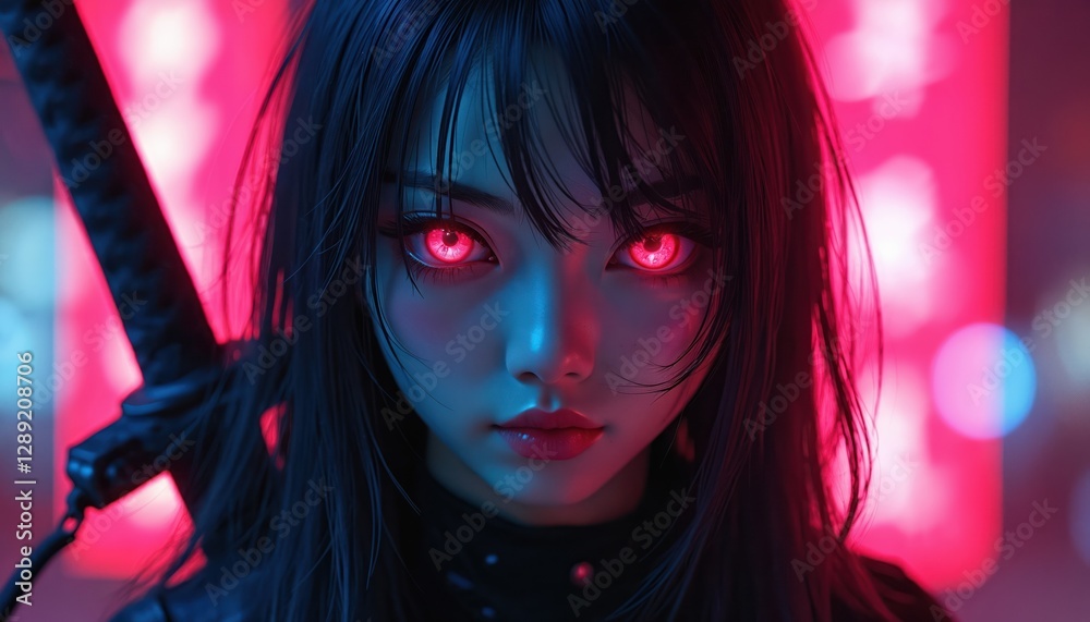 Cyberpunk girl with glowing red eyes looks menacingly at camera. Asian ...