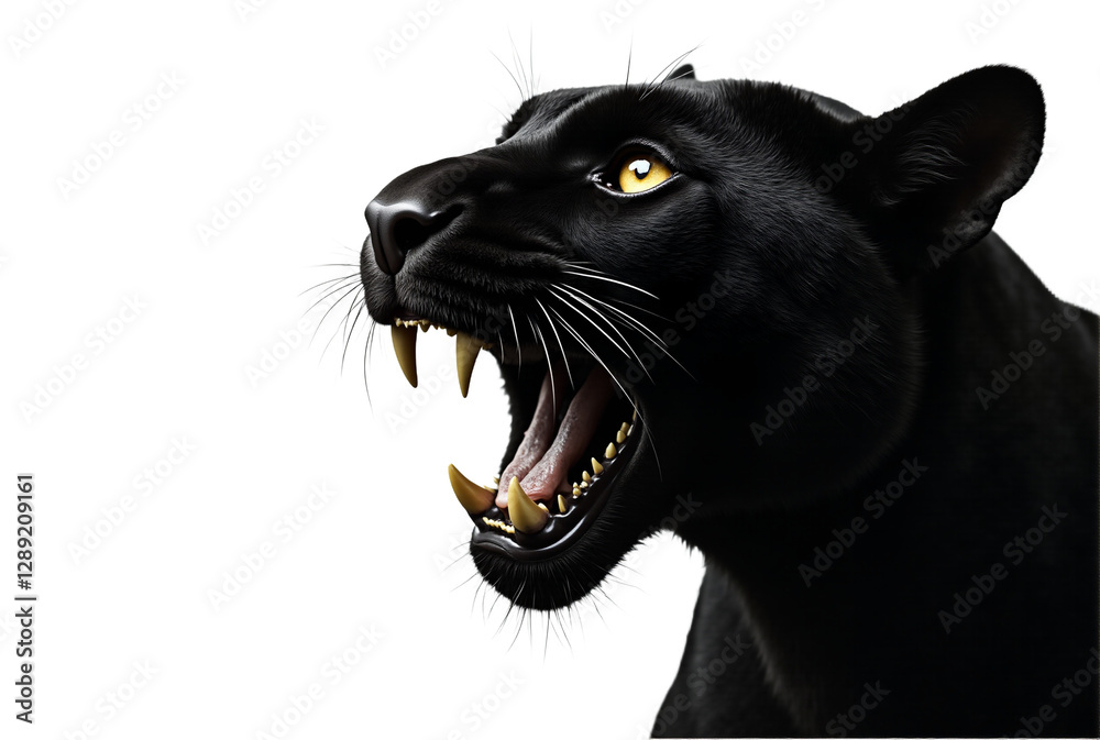 Black Panther Roar Portrait. Intense close-up of a roaring black panther head with piercing ...