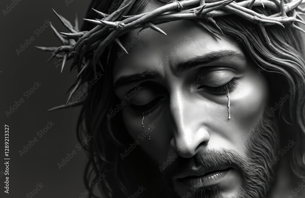 Стоковое фото «Monochrome close-up of Jesus Christ with a crown of ...