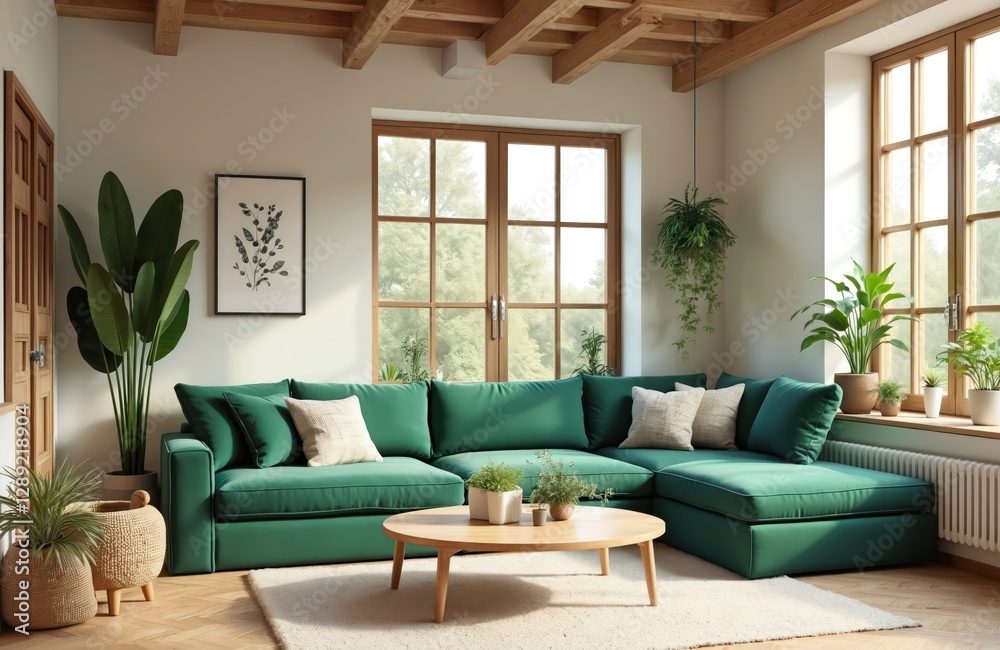Japandi living room with fabric couch, wooden beams on ceiling ...