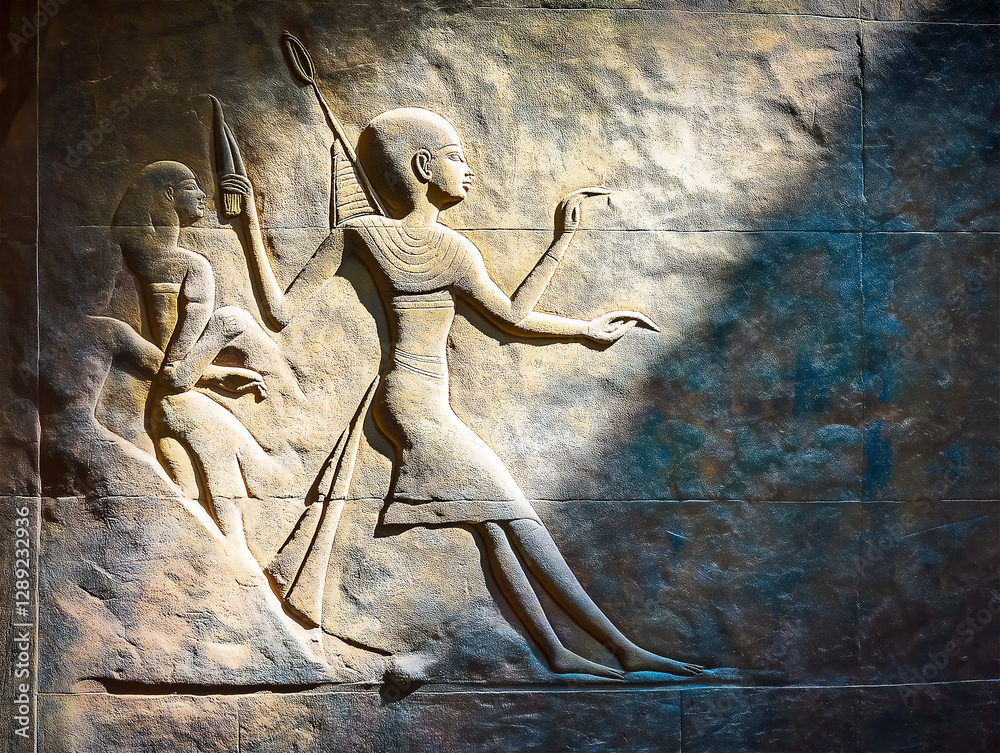 Carved stone relief showing ancient Egyptian pharaohs in dynamic poses ...