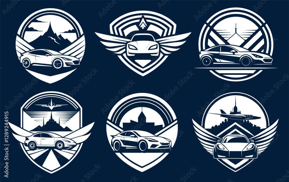 Modern flying car logo set with wings depicted on shield shaped aerocar ...