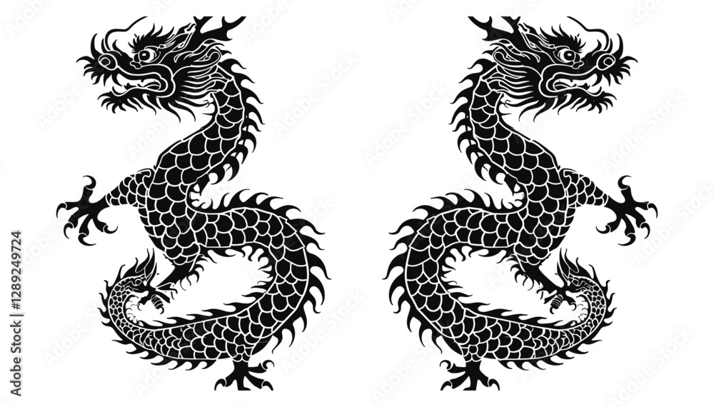 Symmetrical Chinese dragon stencil illustrations in black ink, vector ...