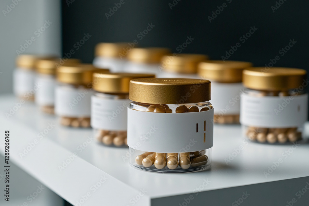 Beautifully arranged supplement capsules showcase a minimalist label ...