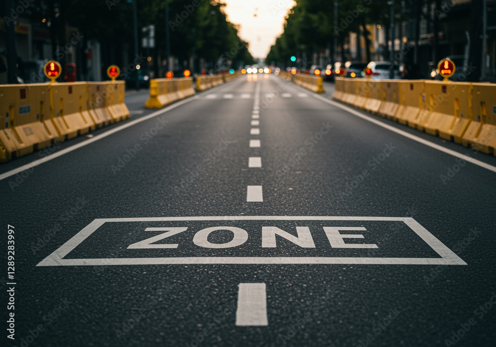 Fotografie Road Zone with Yellow Barriers and Transport Signs. Road ...