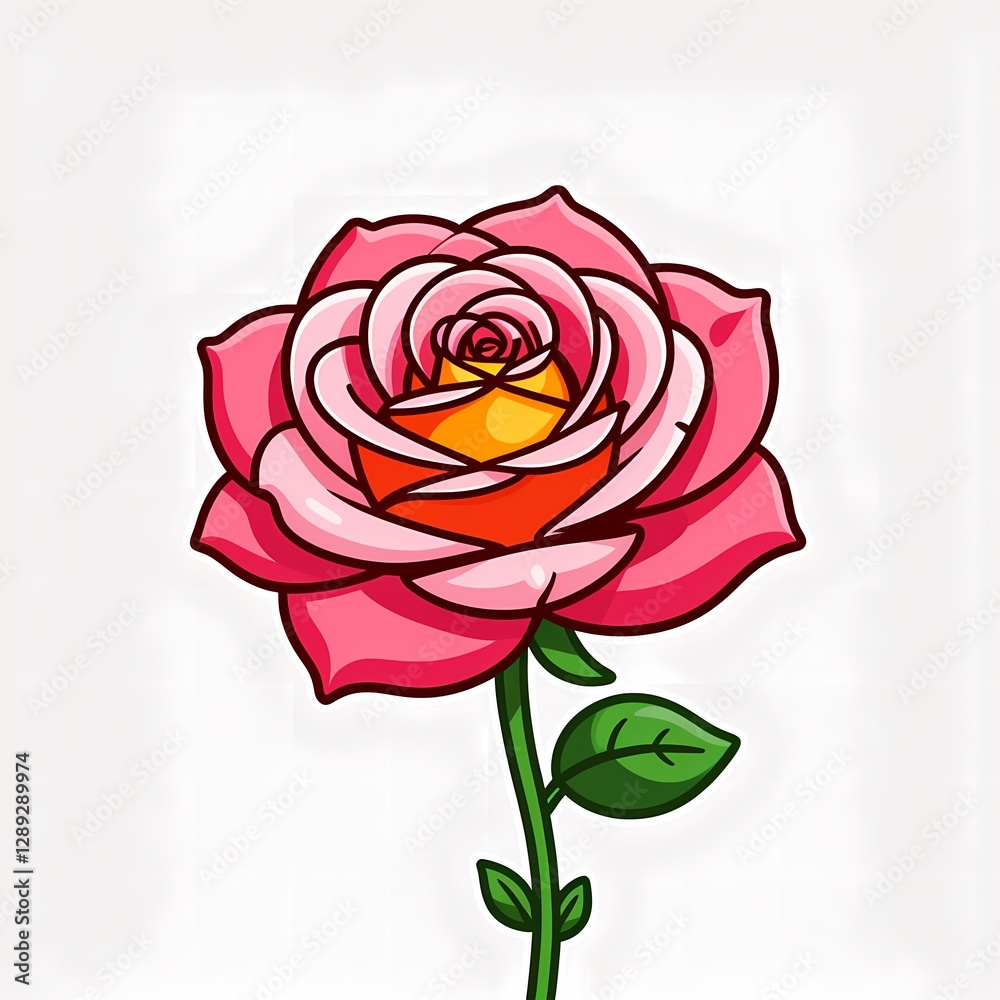 A stylized single-line pink rose illustration with layered petals and ...