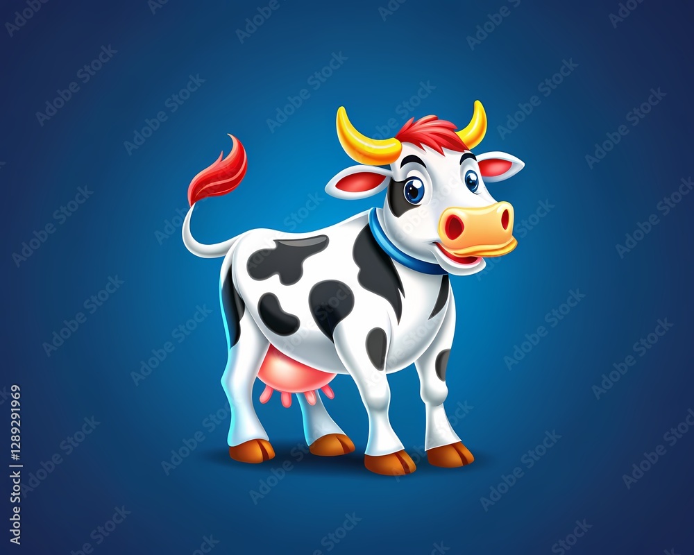 A stylized cartoon cow with exaggerated features and bold colors on a ...