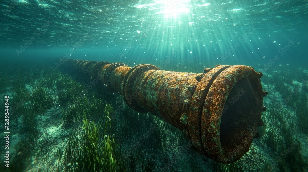 Large underwater pipeline with rust and corrosion extending into the ...
