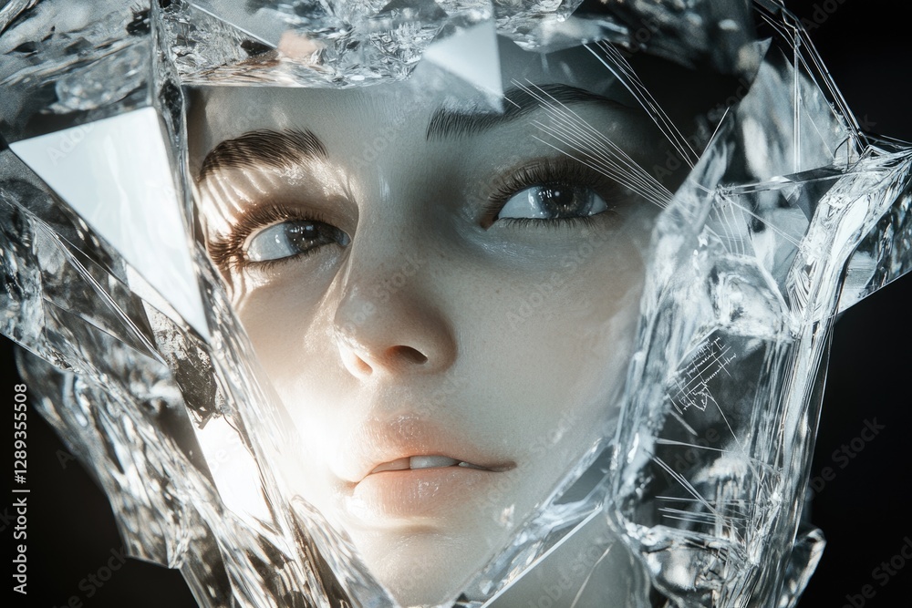 A woman's face emerges from a shattered crystal structure, symbolizing ...