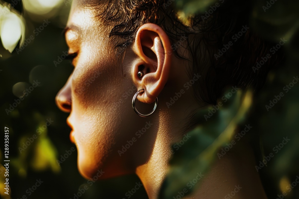 A detailed image of a daith piercing with a small, silver hoop ...