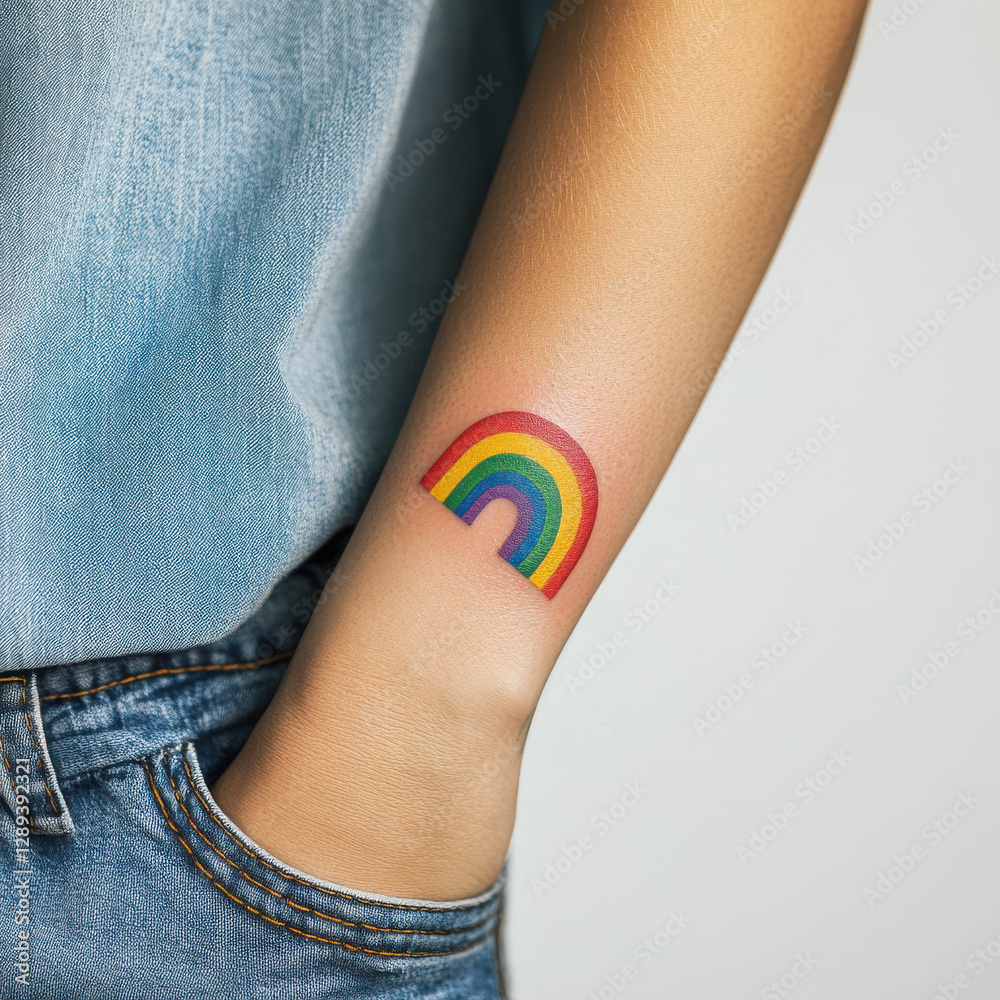 LGBTQ+ individual proudly displaying a rainbow tattoo on their arm ...