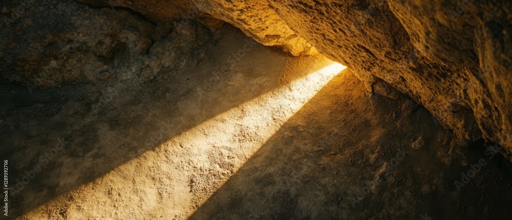 Sunlight beams into a cave, revealing its rugged textures and casting ...