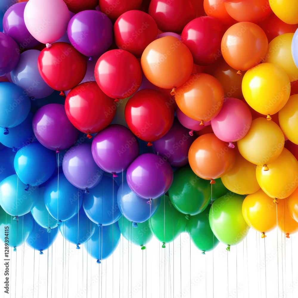 LGBTQ+ pride balloons floating above a crowd at a celebration, bright ...