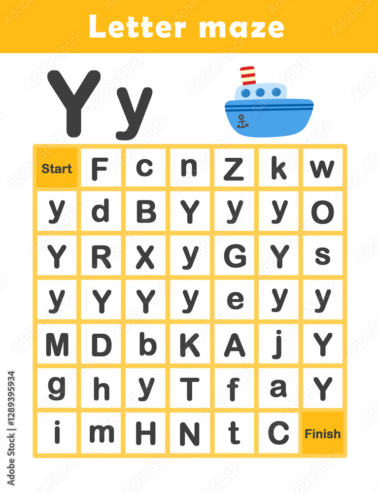 Letter Y Maze Worksheet for Kindergarten and Preschool. Alphabet ...