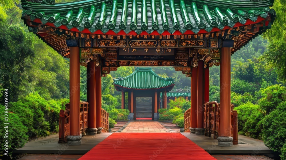 Traditional Chinese gateway with a green bamboo roof and decorative ...