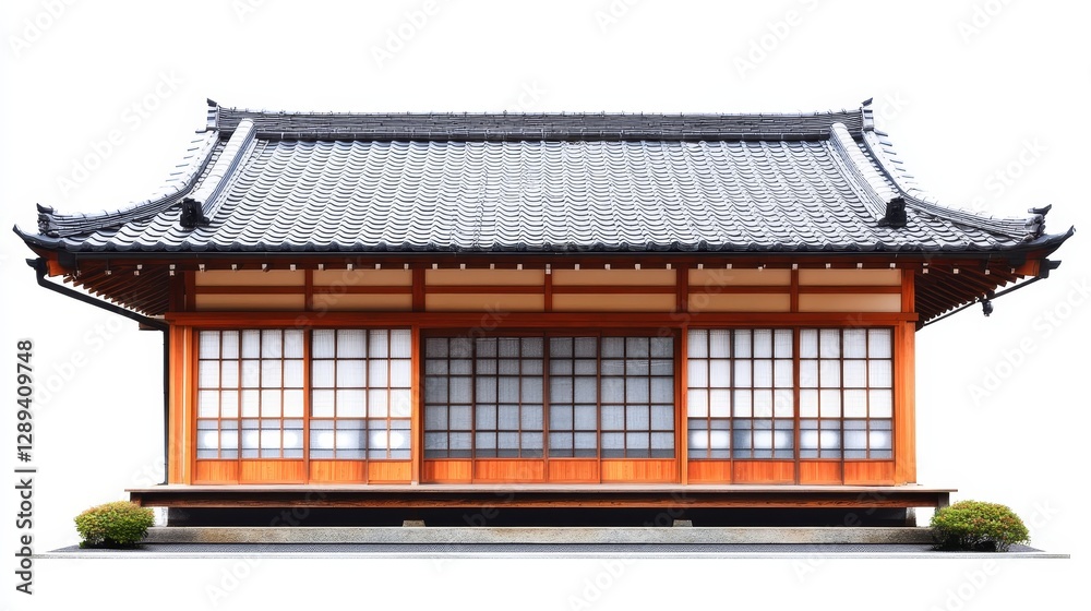 Traditional Japanese house building with a flat roof and shields ...