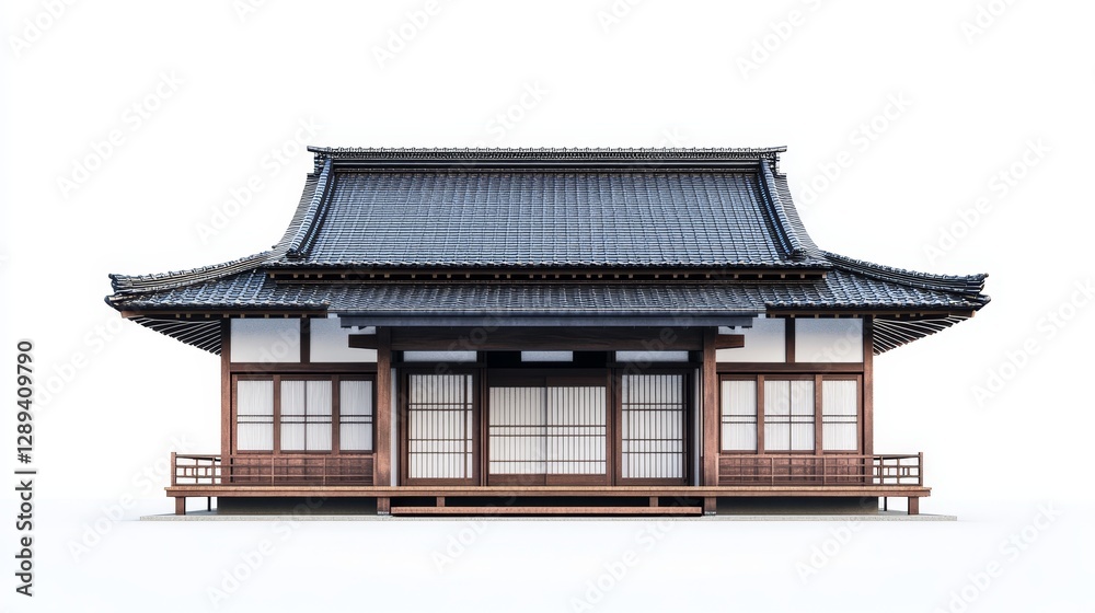 Traditional Japanese house building with a flat roof and shields ...