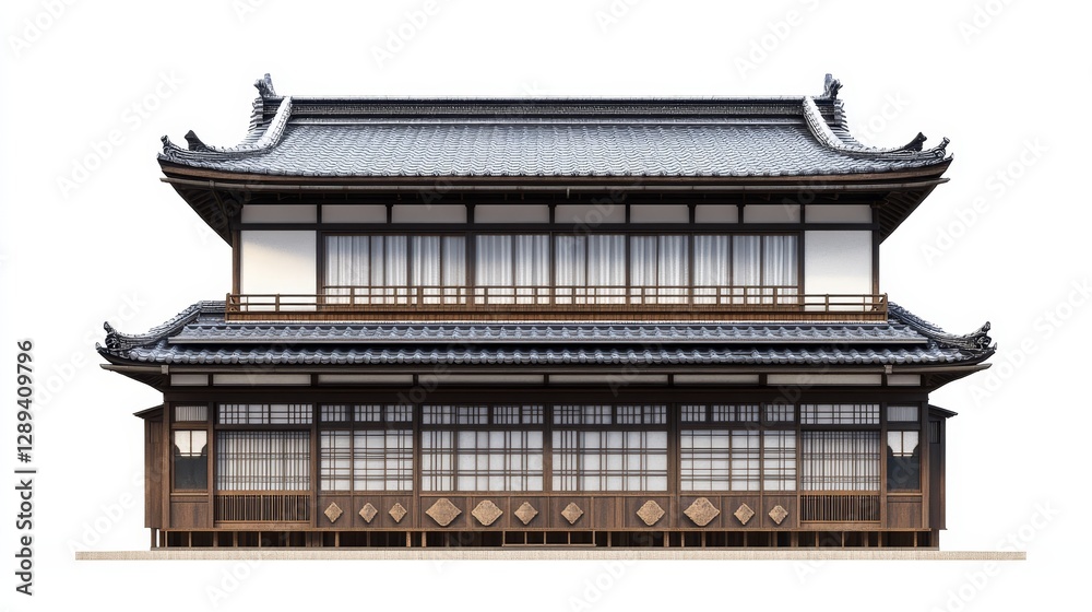 Traditional Japanese house building with a flat roof and shields ...