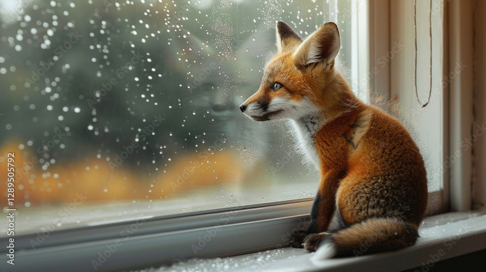 cute little red fox on wooden window sill. Stock Photo | Adobe Stock