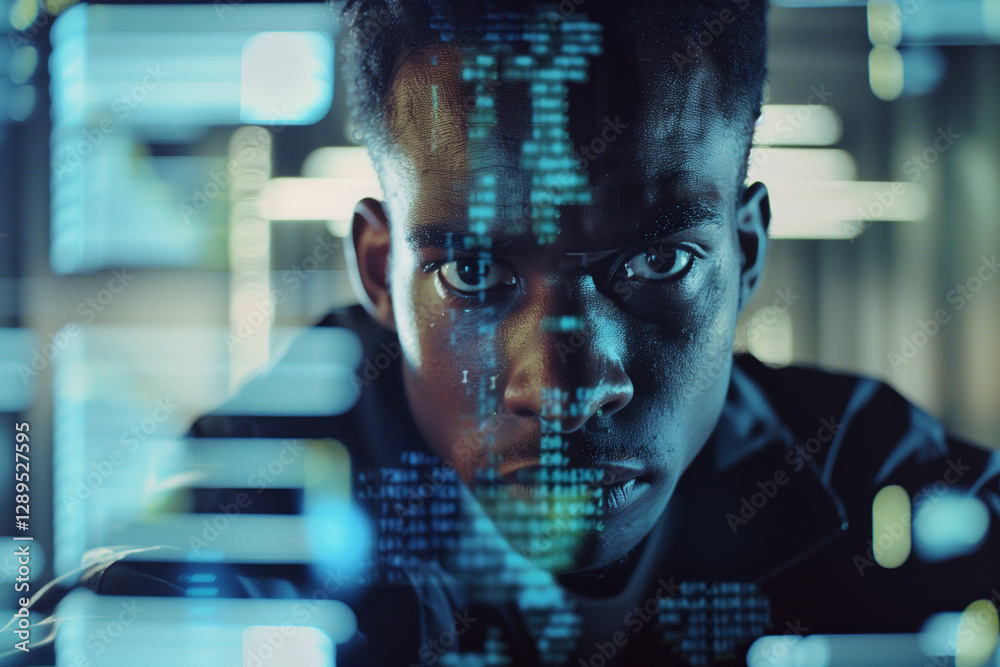AI cyber security threat illustration, black african american man ...