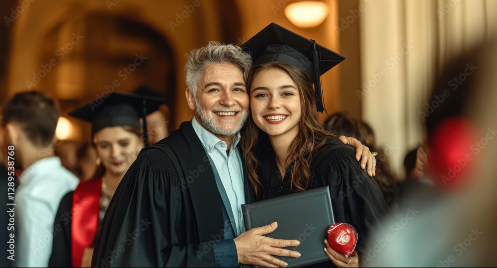Proud father hugging graduating daughter at her university graduation ...