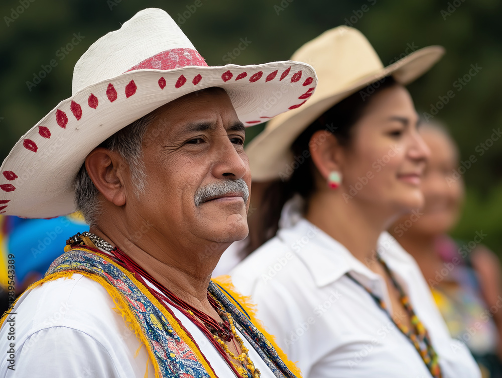 Latin american couple wearing traditional clothes and hats watching a ...