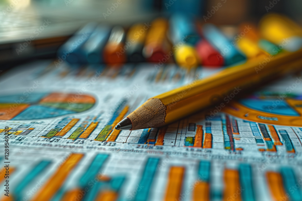 Detailed Chart Analysis with Yellow Pencil and Markers on Office ...