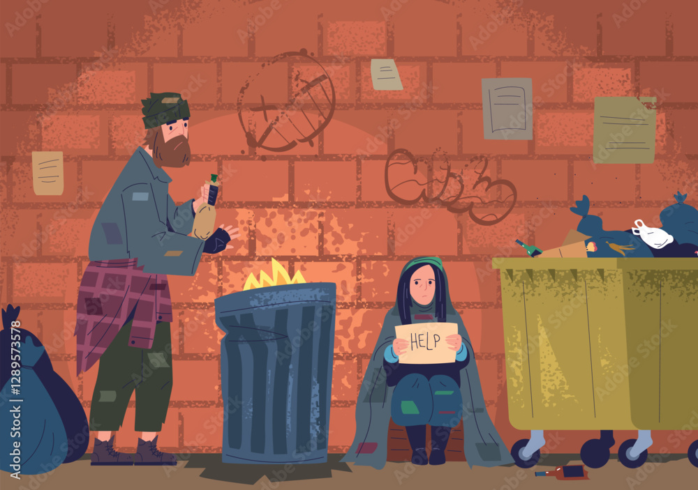 Poor people street. Homeless sad man city slum outdoor ghetto ...