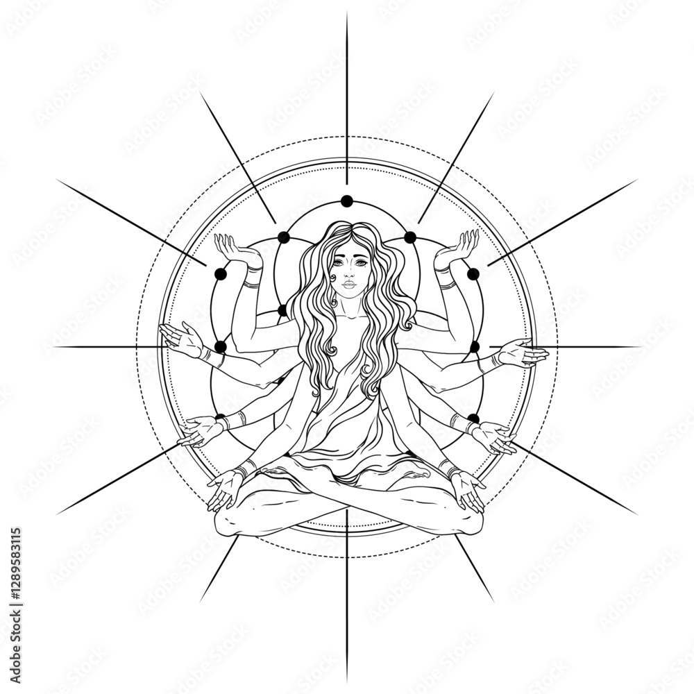 Beautiful woman with long hair and multiple hands sitting in lotus yoga ...