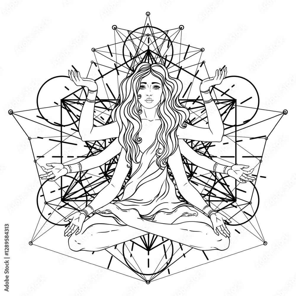 Beautiful woman with long hair and multiple hands sitting in lotus yoga ...