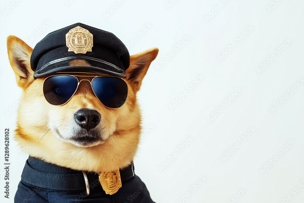 Shiba dog in police uniform with hat and sunglasses, cute animal posing ...