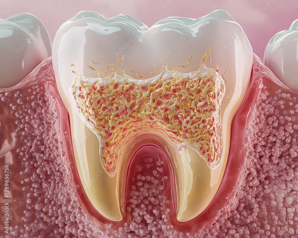 Close-up view of a tooth with exposed enamel, dentin, and pulp layers ...