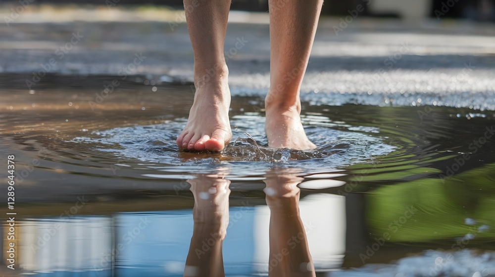 Bare feet stepping into a shallow puddle creating ripples, with a clear ...