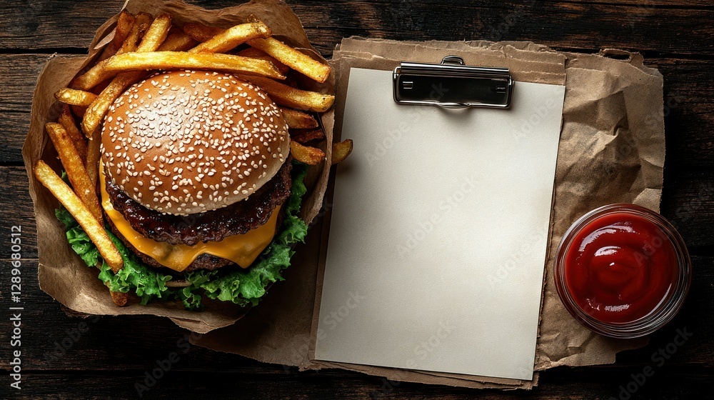 Cheeseburger, fries, menu, ketchup, wood, overhead, restaurant, food ...